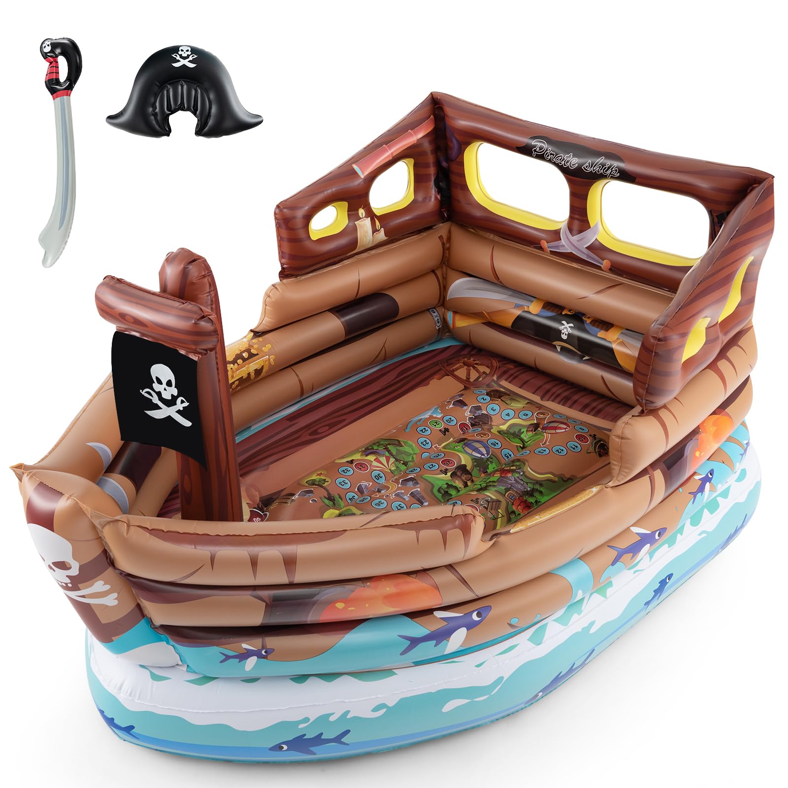 Goplus Inflatable Pirate Ship, Blow up Playscape with Built in Motor ...