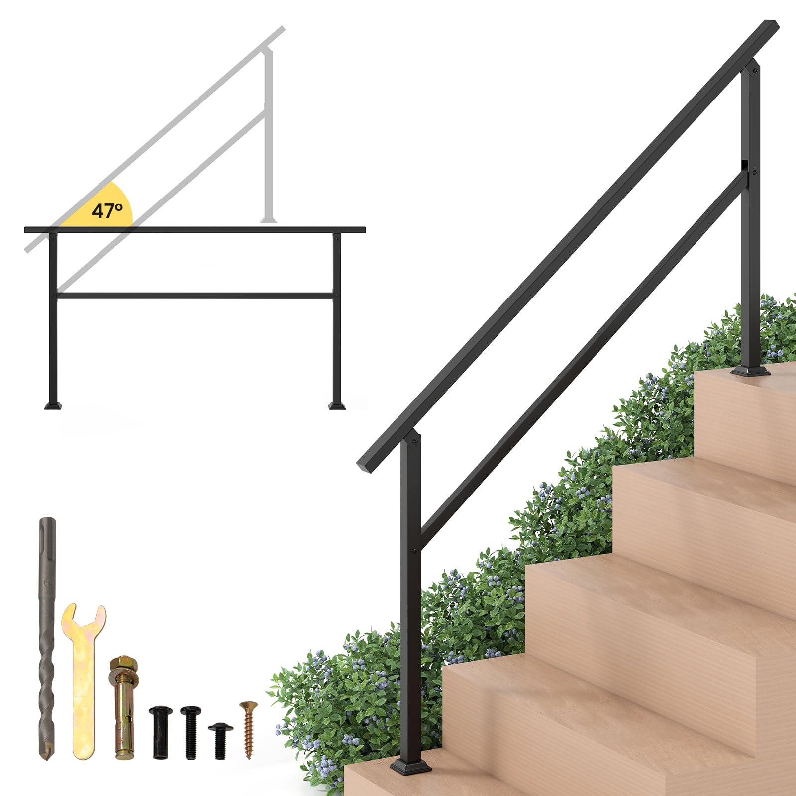 Goplus Handrail for Outdoor Steps with Installation Kit Fits 0-5 Steps ...
